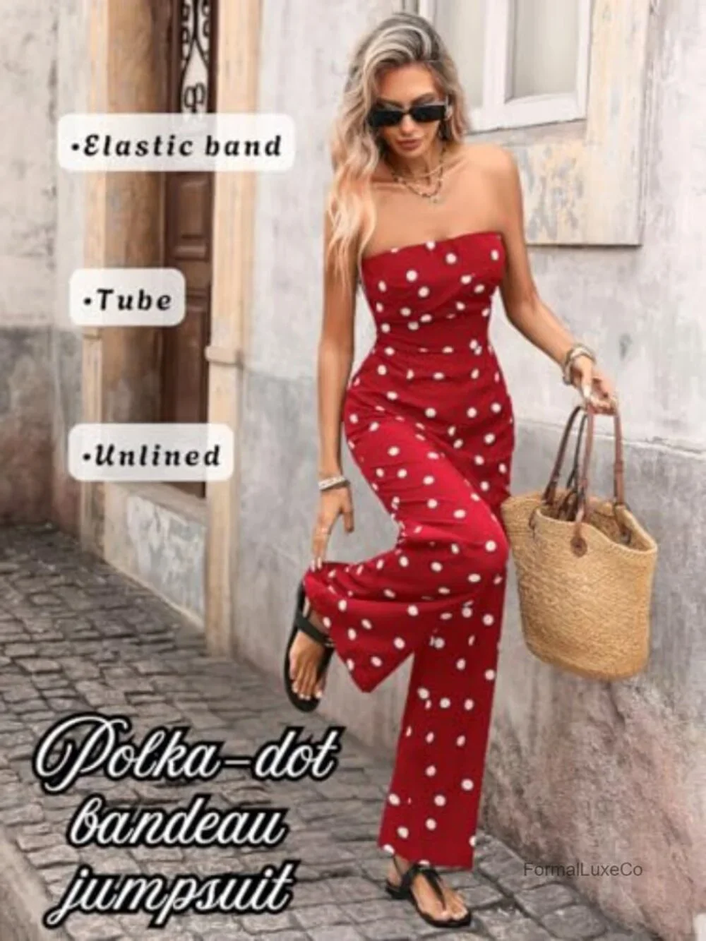 Pants & Jumpsuits | Smocked Tube Jumpsuit Polka Dot Wide Leg Romper ...